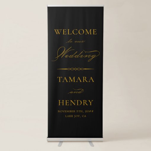 Elegant Calligraphy Black and Gold Wedding Welcome Retractable Banner ...