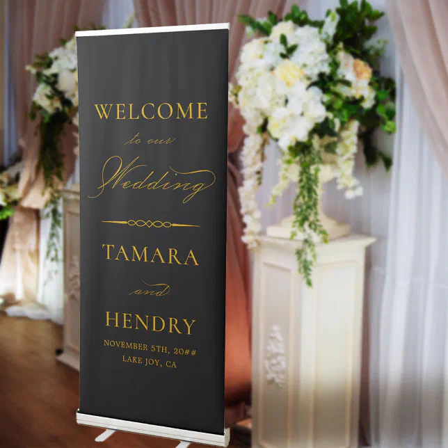 Elegant Calligraphy Black and Gold Wedding Welcome Retractable Banner ...