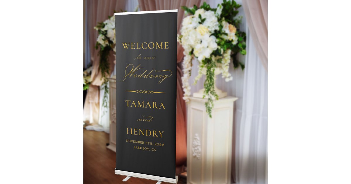 Elegant Calligraphy Black and Gold Wedding Welcome Retractable Banner ...