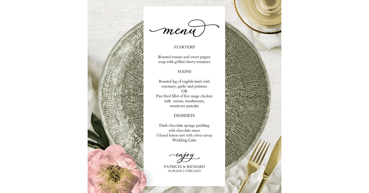Elegant Calligraphy Black and White Menu | Zazzle