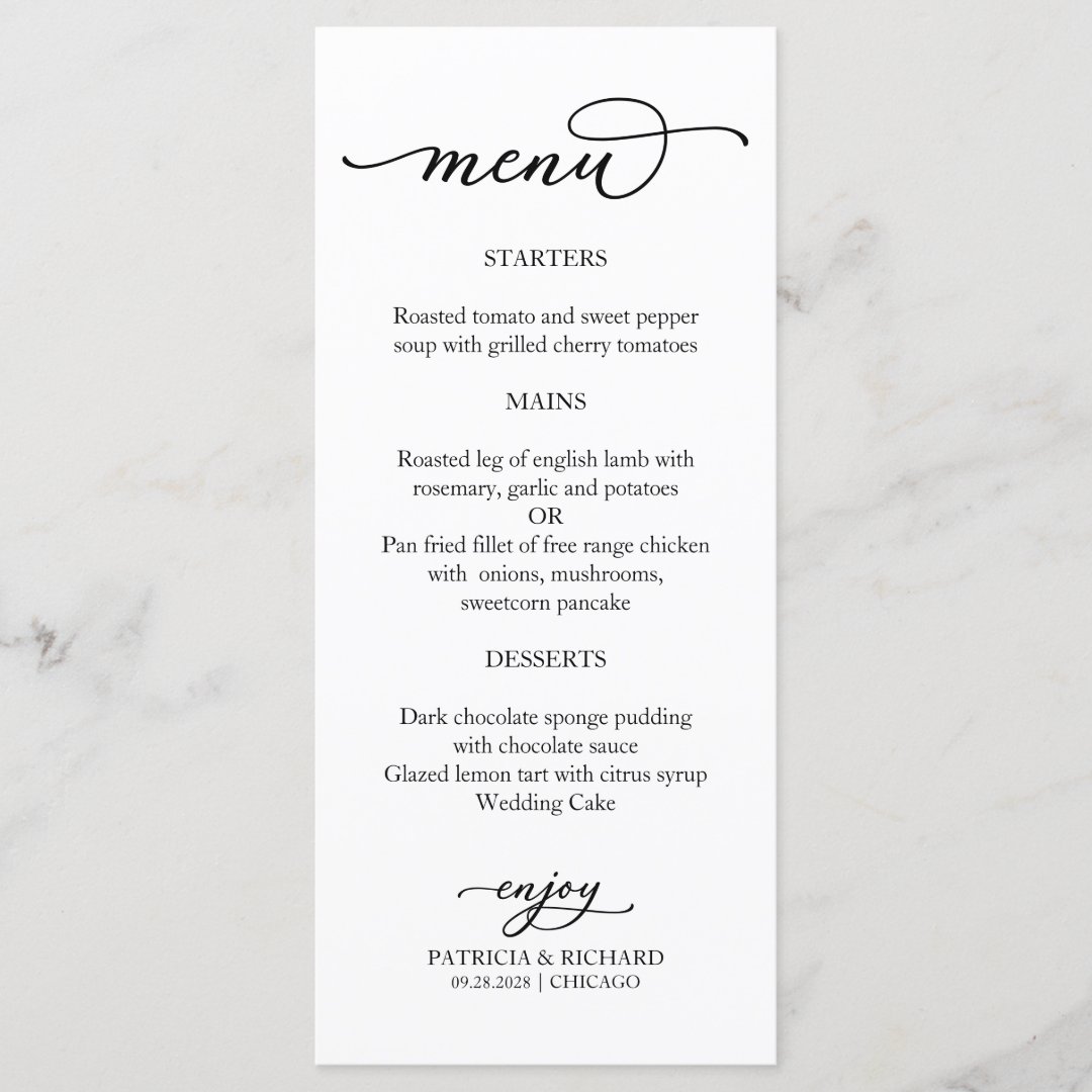 Elegant Calligraphy Black and White Menu | Zazzle