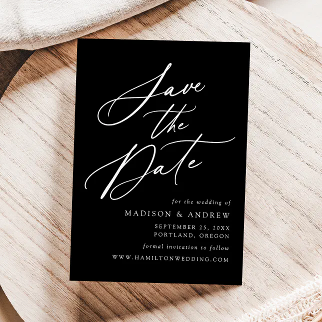 Elegant Calligraphy Black and White Wedding Save The Date | Zazzle