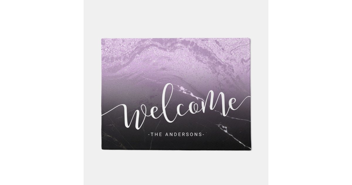 Elegant calligraphy black marble & purple welcome doormat | Zazzle
