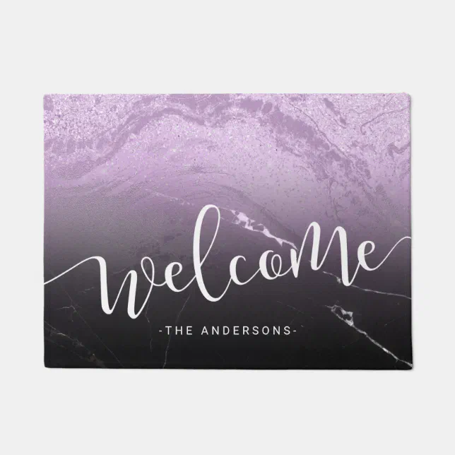 Elegant calligraphy black marble & purple welcome doormat | Zazzle
