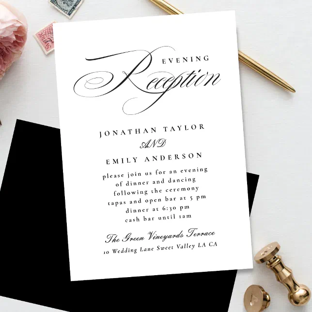 Elegant Calligraphy Black Tie Wedding Reception Enclosure Card | Zazzle