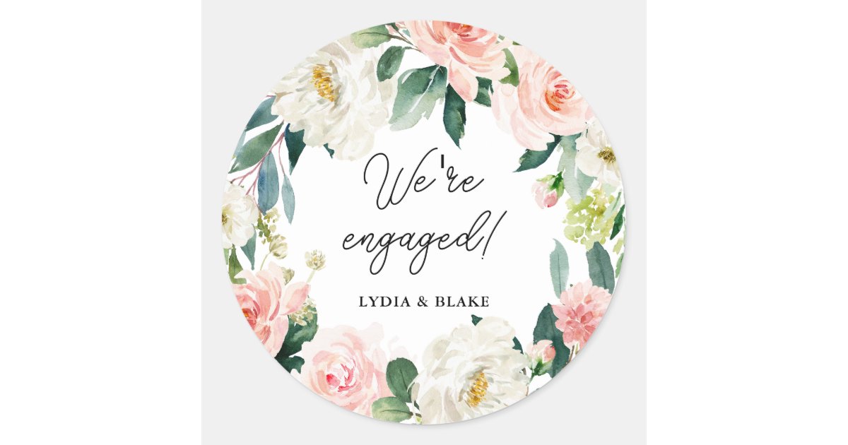 Elegant Calligraphy Blush Floral We're Engaged Classic Round Sticker ...