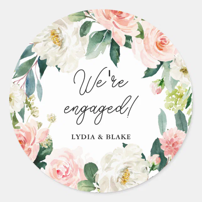Elegant Calligraphy Blush Floral We're Engaged Classic Round Sticker ...