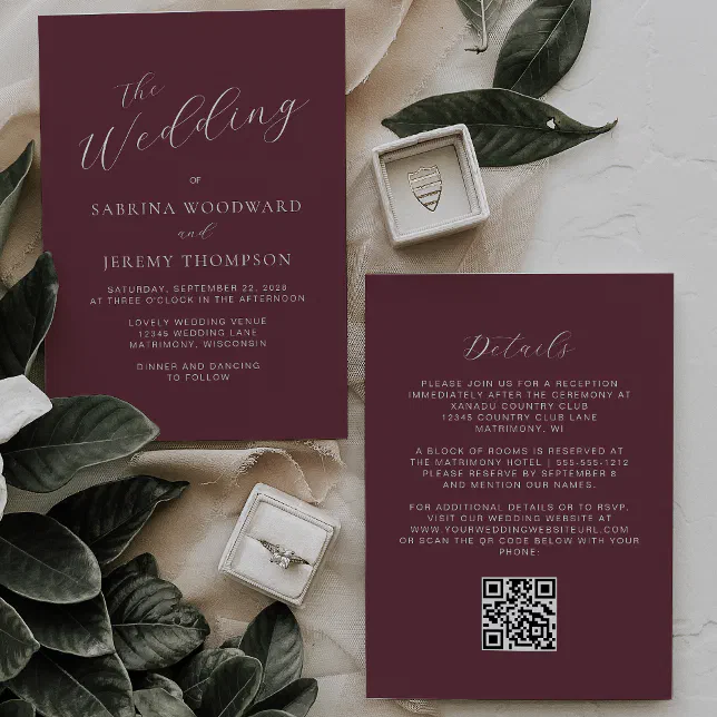 Elegant Calligraphy Burgundy QR Code Wedding Invitation | Zazzle