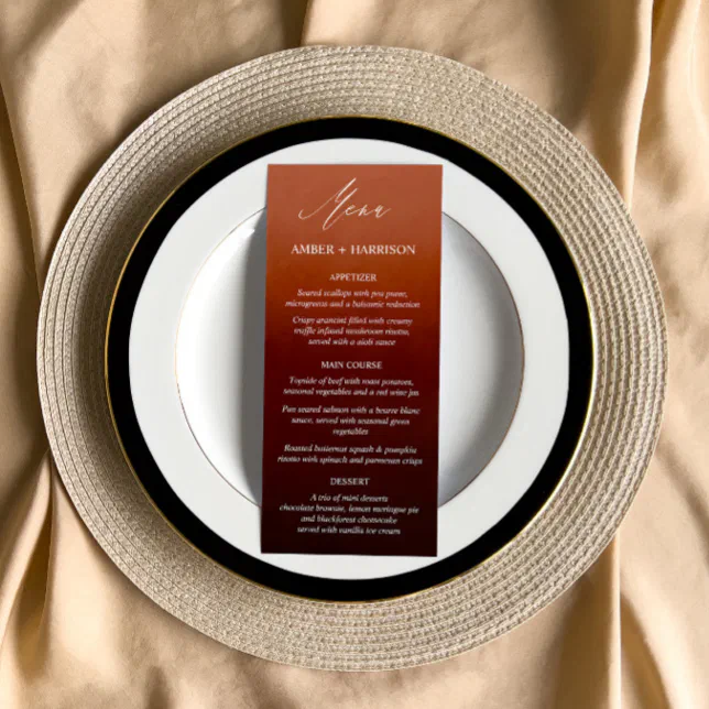 Elegant Calligraphy Burnt Orange Ombre Wedding Menu | Zazzle