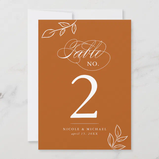 Elegant Calligraphy Burnt Orange Table Number | Zazzle