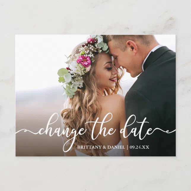 Elegant Calligraphy Change The Date New Date Postcard | Zazzle