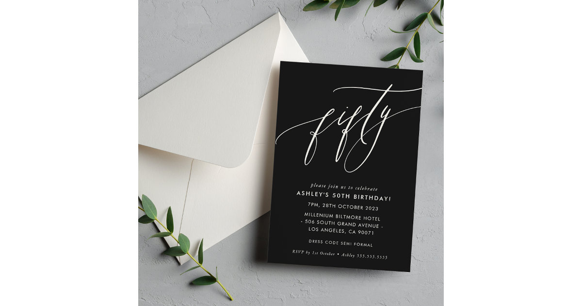 ELEGANT Calligraphy chic 50th birthday black white Invitation | Zazzle