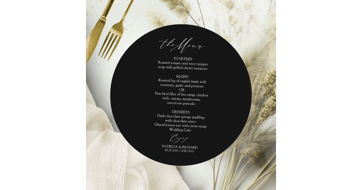 Elegant Calligraphy Circle Wedding Menu Card | Zazzle