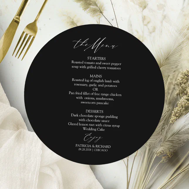 Elegant Calligraphy Circle Wedding Menu Card | Zazzle