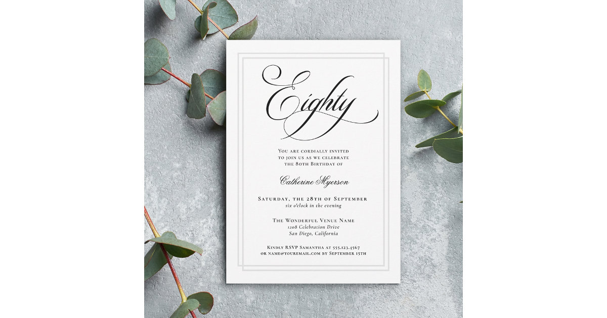 Elegant Calligraphy Classic 80th Birthday Party Invitation | Zazzle