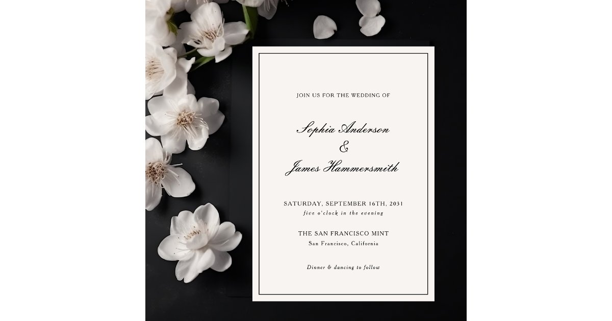 Elegant Calligraphy Cream Black Frame Wedding Invitation | Zazzle
