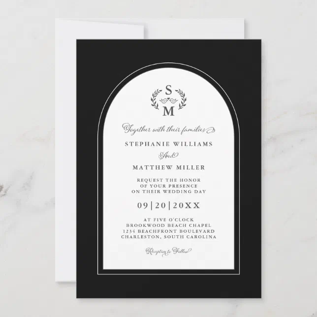 Elegant Calligraphy Crest Arch Wedding Black White Invitation | Zazzle