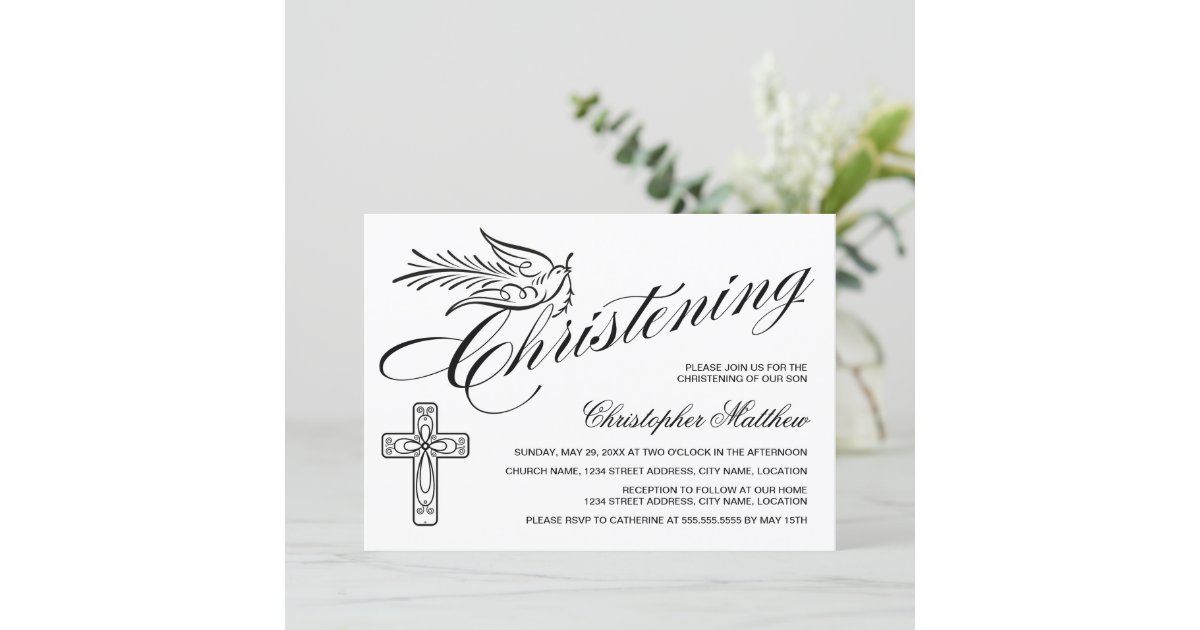 Elegant Calligraphy Cross and Dove Christening Invitation | Zazzle