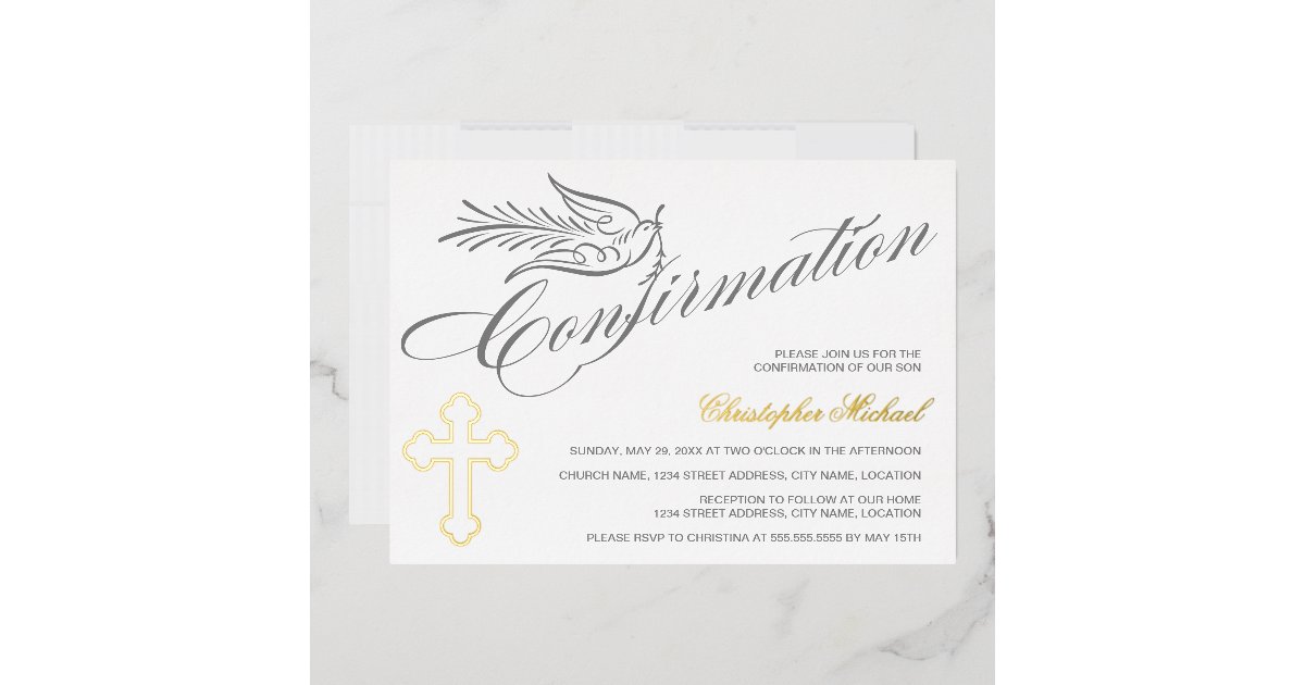 Elegant Calligraphy Cross and Dove Confirmation Foil Invitation | Zazzle