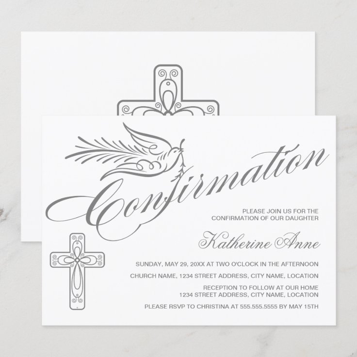Elegant Calligraphy Cross and Dove Confirmation Invitation | Zazzle