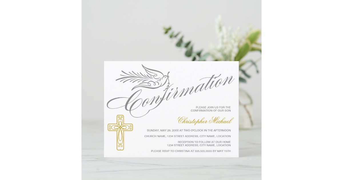 Elegant Calligraphy Cross and Dove Confirmation Invitation | Zazzle