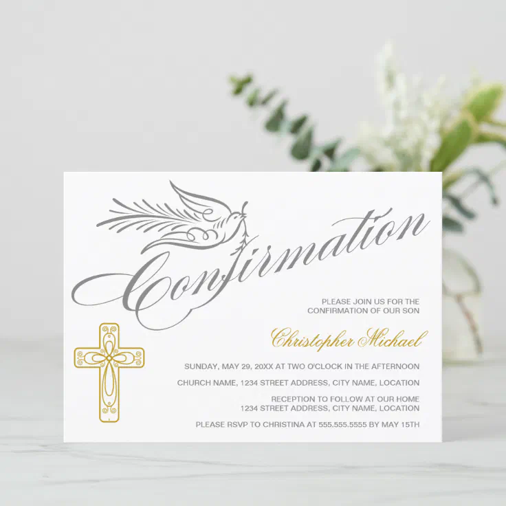 Elegant Calligraphy Cross and Dove Confirmation Invitation | Zazzle