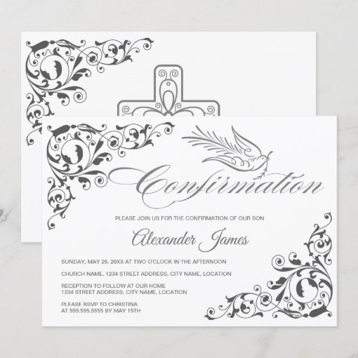 Elegant Calligraphy Cross and Dove Confirmation Invitation | Zazzle