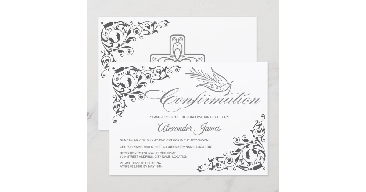 Elegant Calligraphy Cross and Dove Confirmation Invitation | Zazzle.com