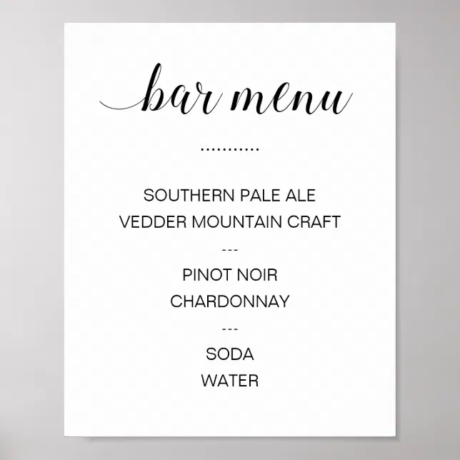 Elegant Calligraphy Drink Bar Menu Wedding Poster | Zazzle