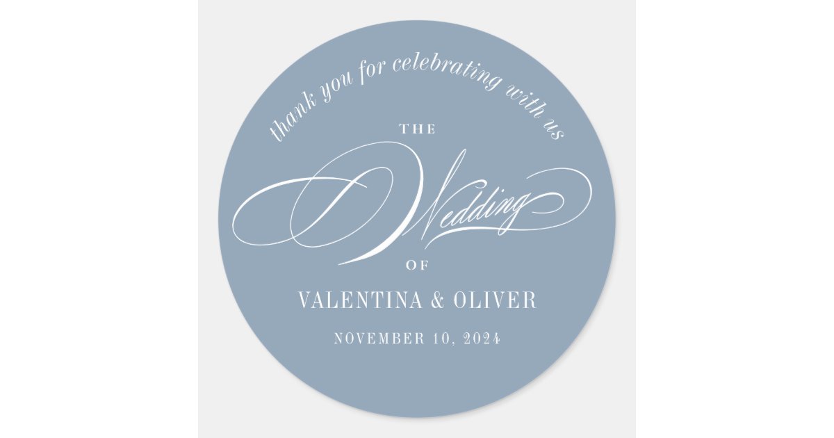 Elegant Calligraphy Dusty Blue Wedding Classic Round Sticker | Zazzle