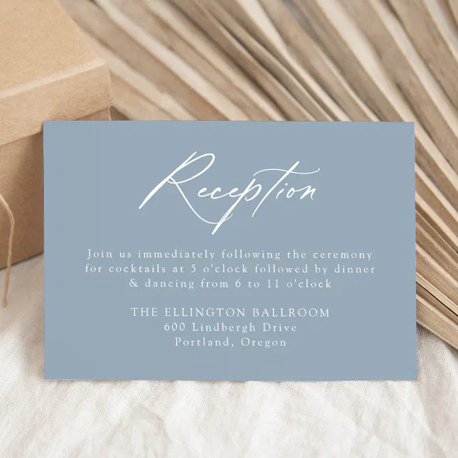 Elegant Calligraphy Dusty Blue Wedding Reception Enclosure Card | Zazzle