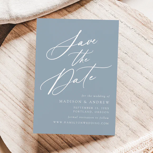 Elegant Calligraphy Dusty Blue Wedding Save The Date | Zazzle