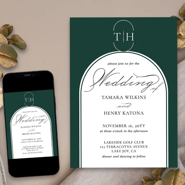 Elegant Calligraphy Emerald Green Monogram Wedding Invitation | Zazzle