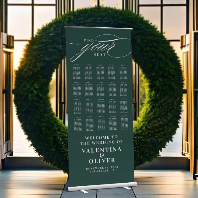 Elegant Calligraphy Emerald Green Seating Chart Retractable Banner | Zazzle