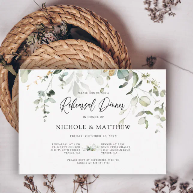 Elegant Calligraphy Eucalyptus Rehearsal Dinner Invitation | Zazzle