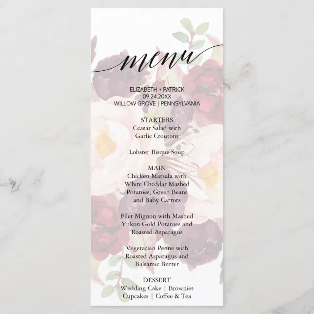 Elegant Calligraphy Faded Floral Dinner Menu Card | Zazzle