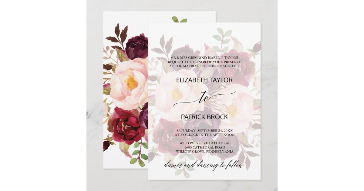 Elegant Calligraphy | Faded Floral Formal Wedding Invitation | Zazzle
