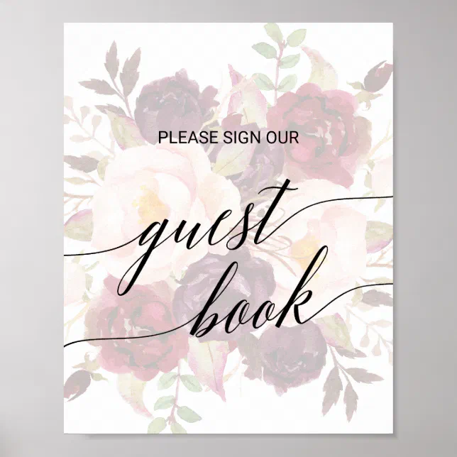 Elegant Calligraphy Faded Floral Guest Book Sign | Zazzle