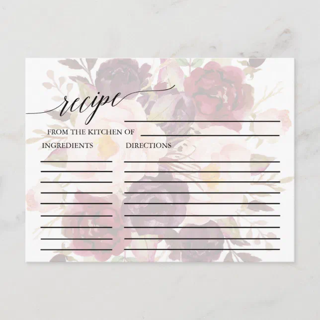 Elegant Calligraphy | Faded Floral Recipe Cards | Zazzle
