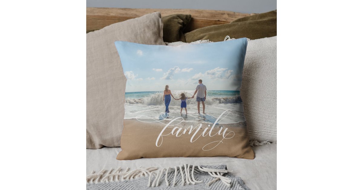 Elegant Calligraphy Family Photo Throw Pillow | Zazzle