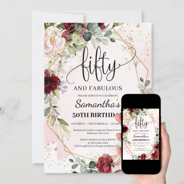 Elegant calligraphy fifty and fabulous 50th invitation | Zazzle