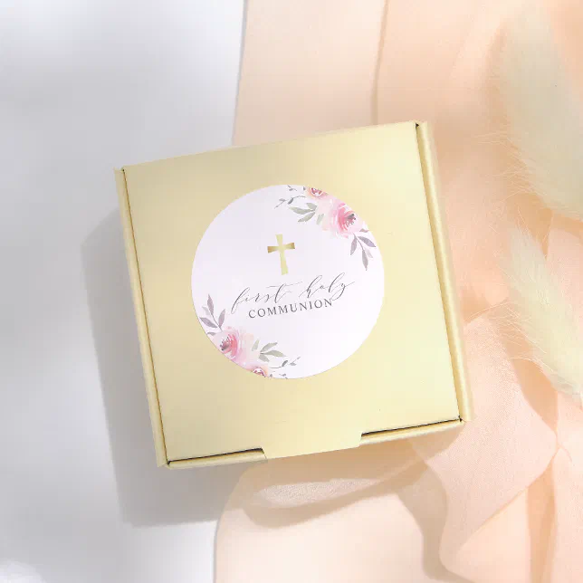 Elegant Calligraphy Floral First Holy Communion Classic Round Sticker ...