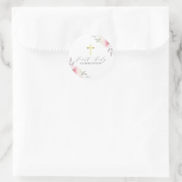 Elegant Calligraphy Floral First Holy Communion Classic Round Sticker ...