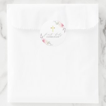 Elegant Calligraphy Floral First Holy Communion Classic Round Sticker ...