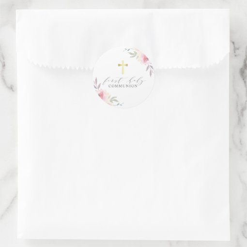Elegant Calligraphy Floral First Holy Communion Classic Round Sticker ...