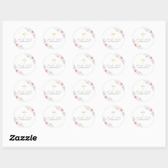 Elegant Calligraphy Floral First Holy Communion Classic Round Sticker ...
