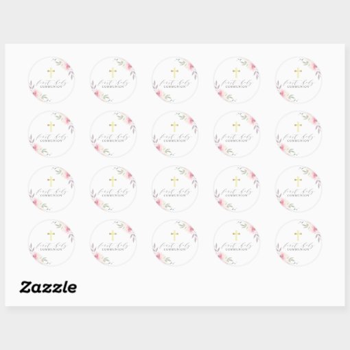 Elegant Calligraphy Floral First Holy Communion Classic Round Sticker ...