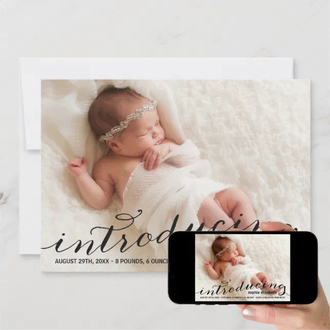 Elegant Calligraphy Full Photo Birth Announcement | Zazzle