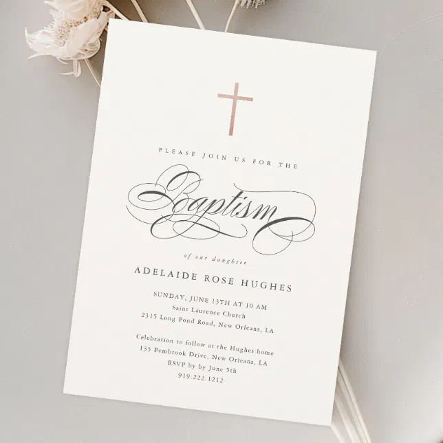 Elegant Calligraphy Gender Neutral Script Baptism Invitation | Zazzle
