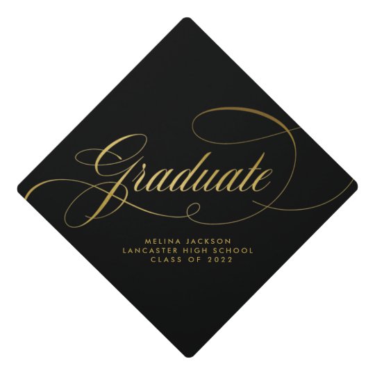 Elegant Calligraphy Gold and Black Graduate Graduation Cap Topper ...